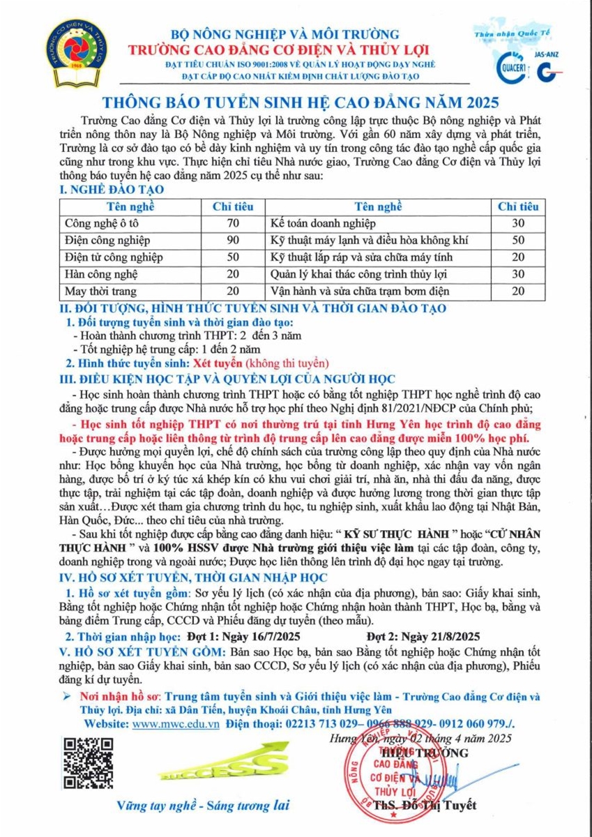 Thông báo tuyển sinh hệ cao đẳng năm 2025
